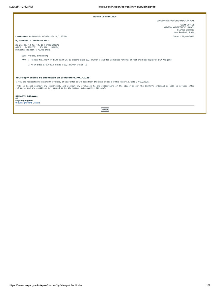 NCR Tender Validity Extension Notice | PDF
