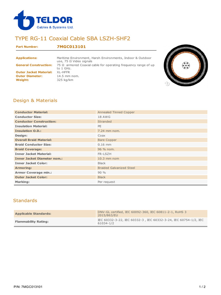 TYPE RG-11 Coaxial Cable SBA LSZH-SHF2 7MGC013101(1) | PDF | Coaxial Cable | Electrical Components