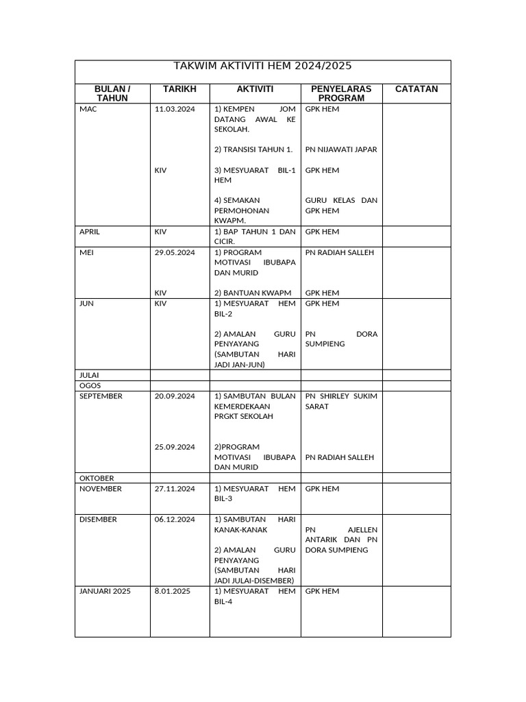 Takwim Aktiviti Hem 2024 | PDF