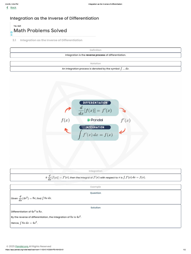 Integration As The Inverse Of Differentiation Pdf Integral Derivative