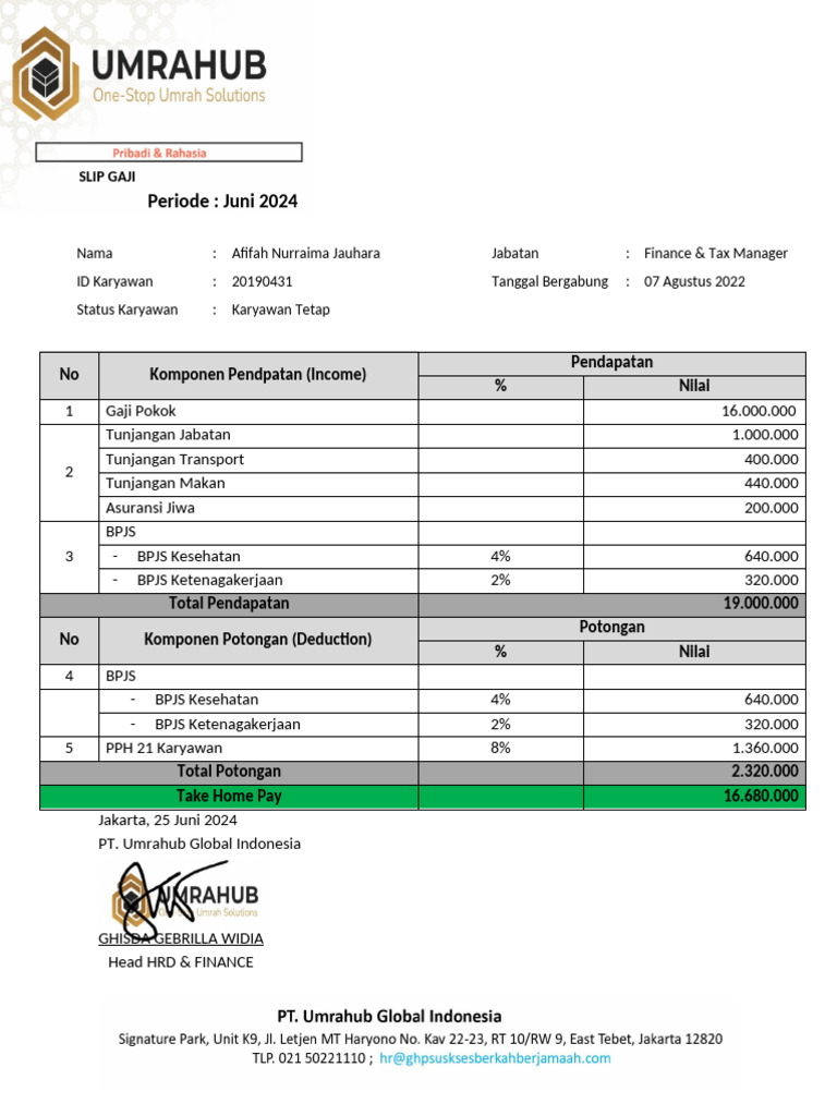 Slip Gaji Afifah Juni 2024 | PDF