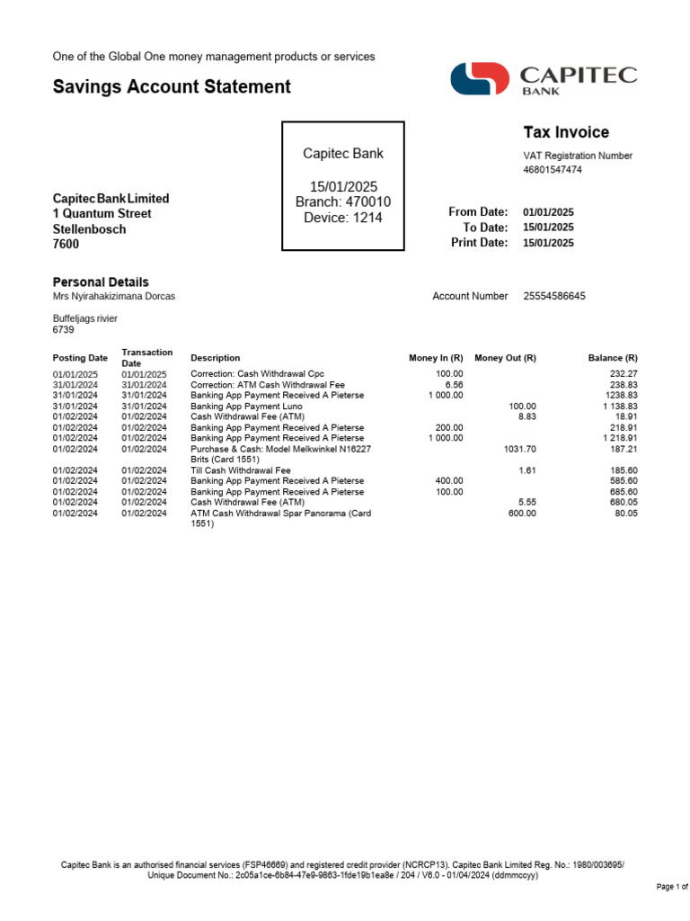 719243481-Capitec-Bank-Statement-T334-副本 (1) (1) | PDF | Cash | Banks