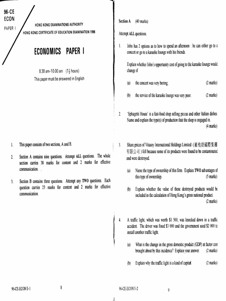 1996 Economics Paper 1 | PDF