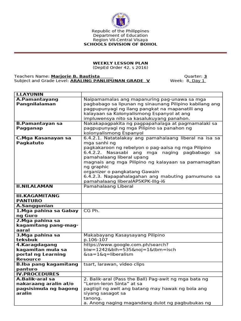 Schools Division of Bohol: Republic of The Philippines Department of Education Region VII ...