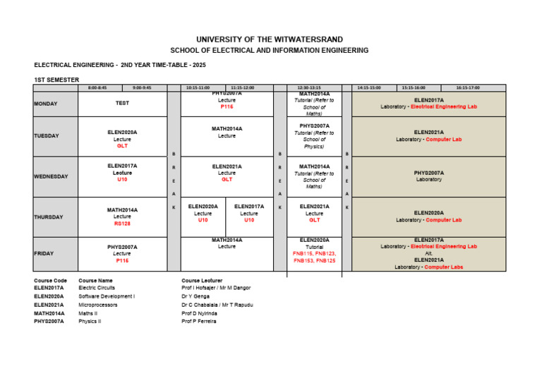 2nd Year Time-Table - EE - Semester 1 With Venues | PDF | Electronics ...