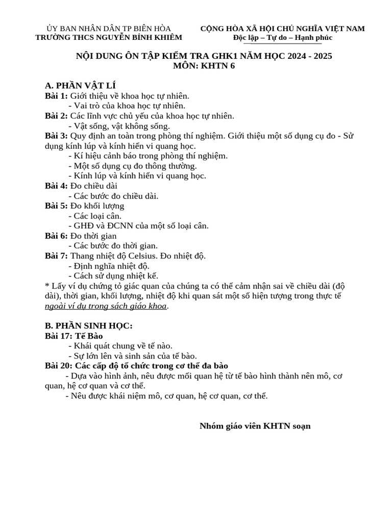 6. NỘI DUNG ÔN TẬP GK 1 - KHTN 6 | PDF