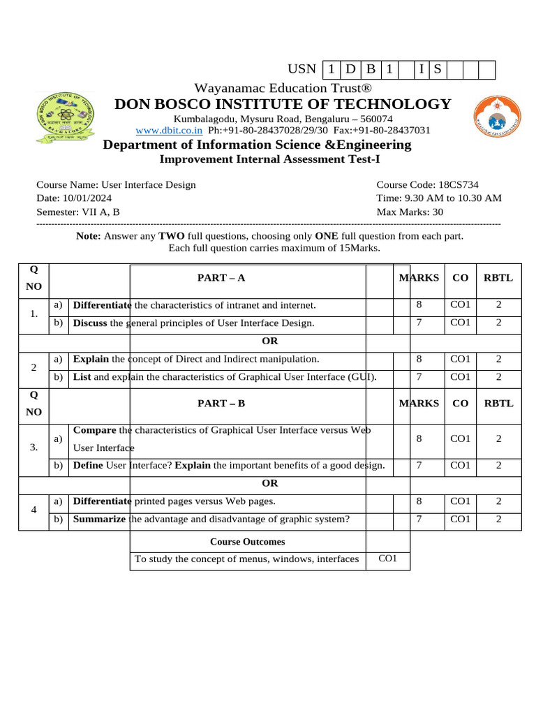 Improvement Test - UID (18CS734) I IA - QP | PDF | Graphical User ...