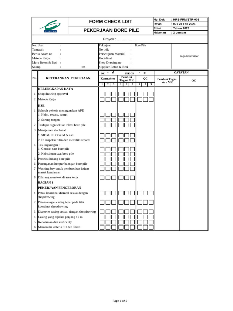 Checklist Pekerjaan Bore Pile | PDF