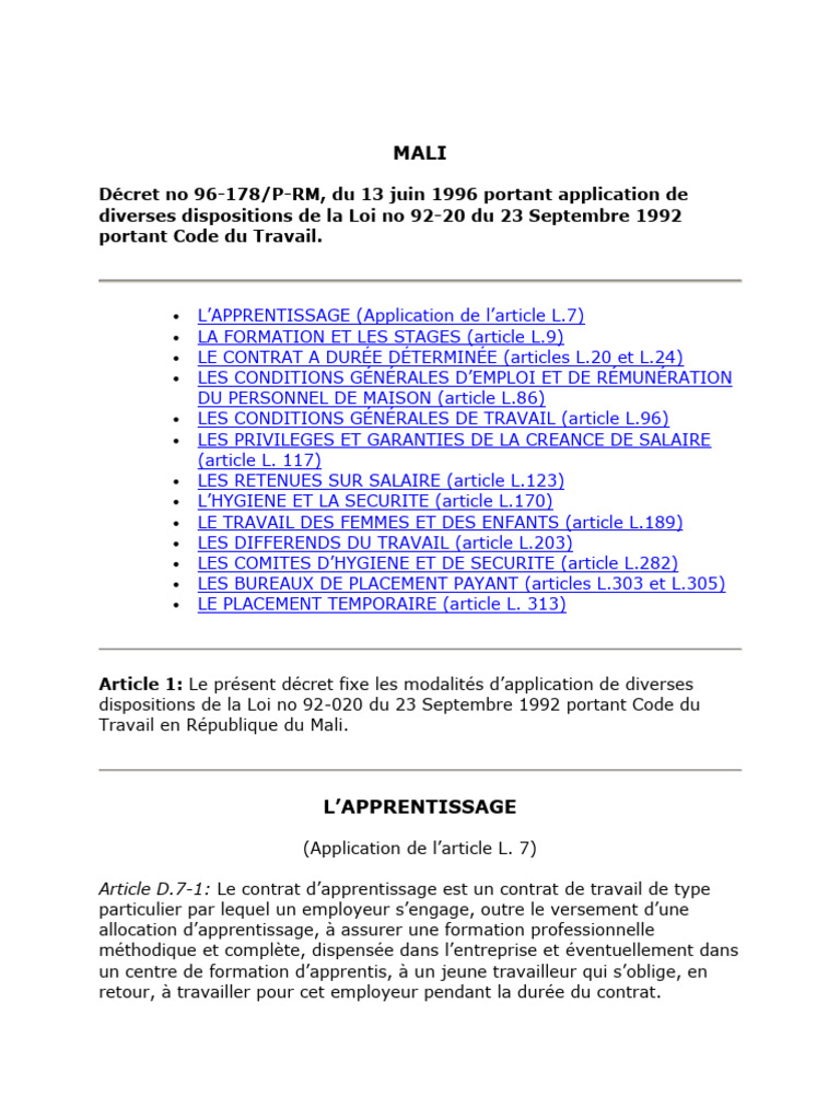 Code du Travail au Mali: Dispositions clés | PDF | Travail | Relations ...
