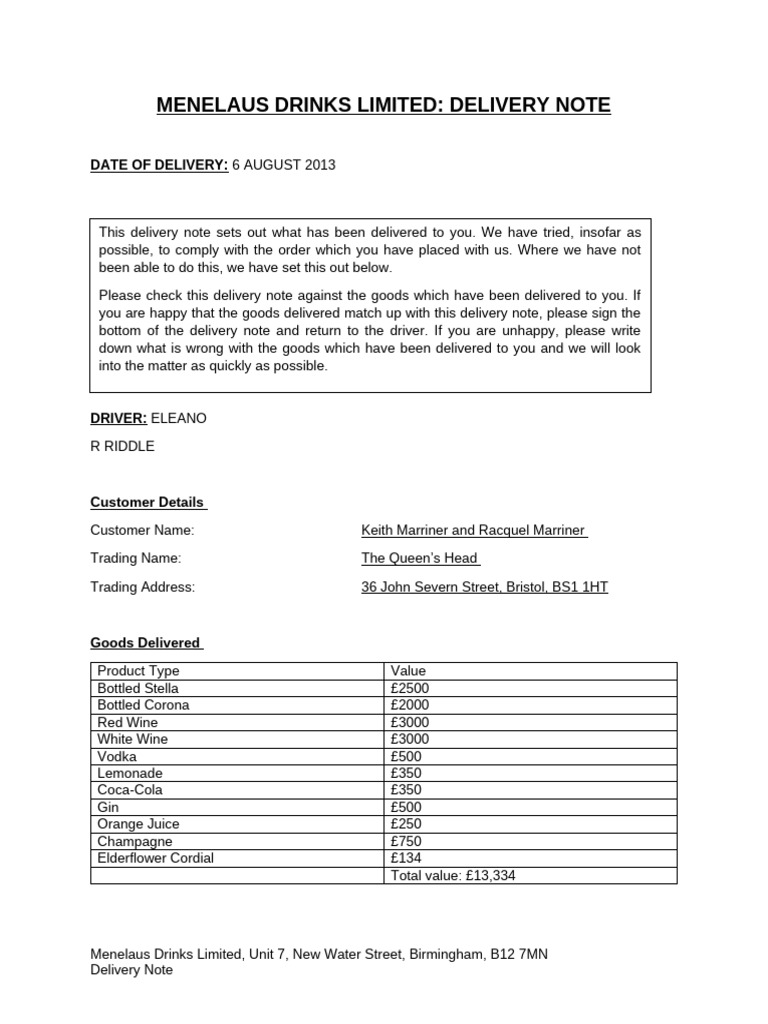Menelaus Drinks Delivery Note Summary | PDF