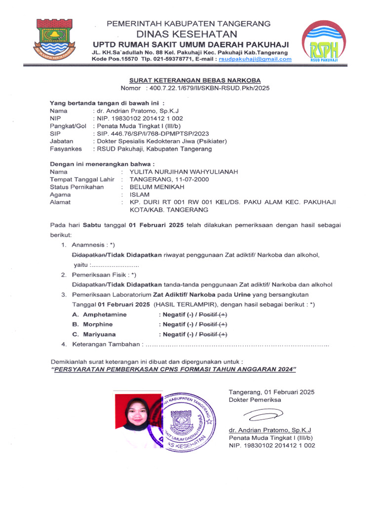 Surat Keterangan Bebas Narkoba | PDF