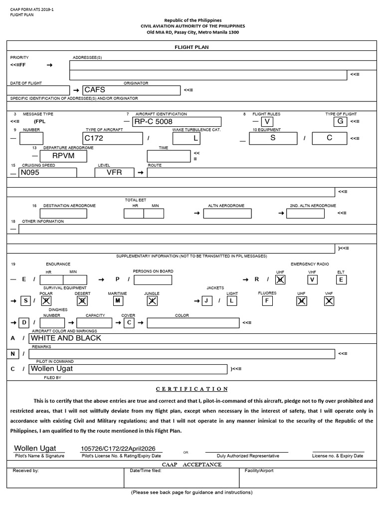 01 Cafs Flight Plan Front & Back | PDF | Transport Safety | Aviation Safety