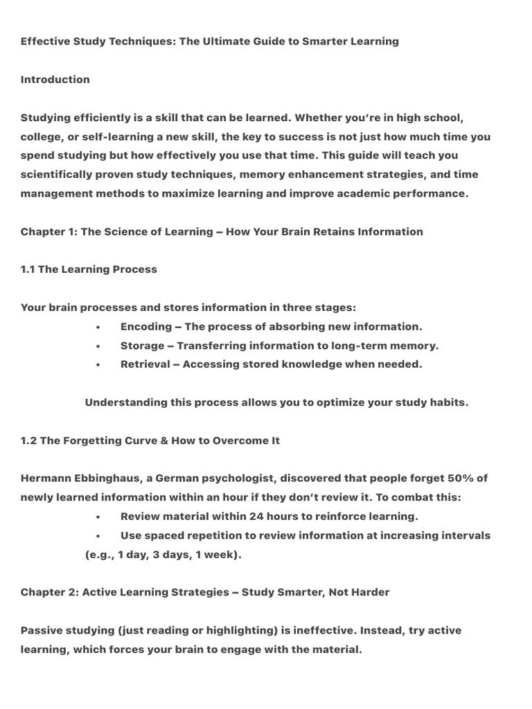 Study Techniques for Effective Learning | PDF | Memory | Time Management