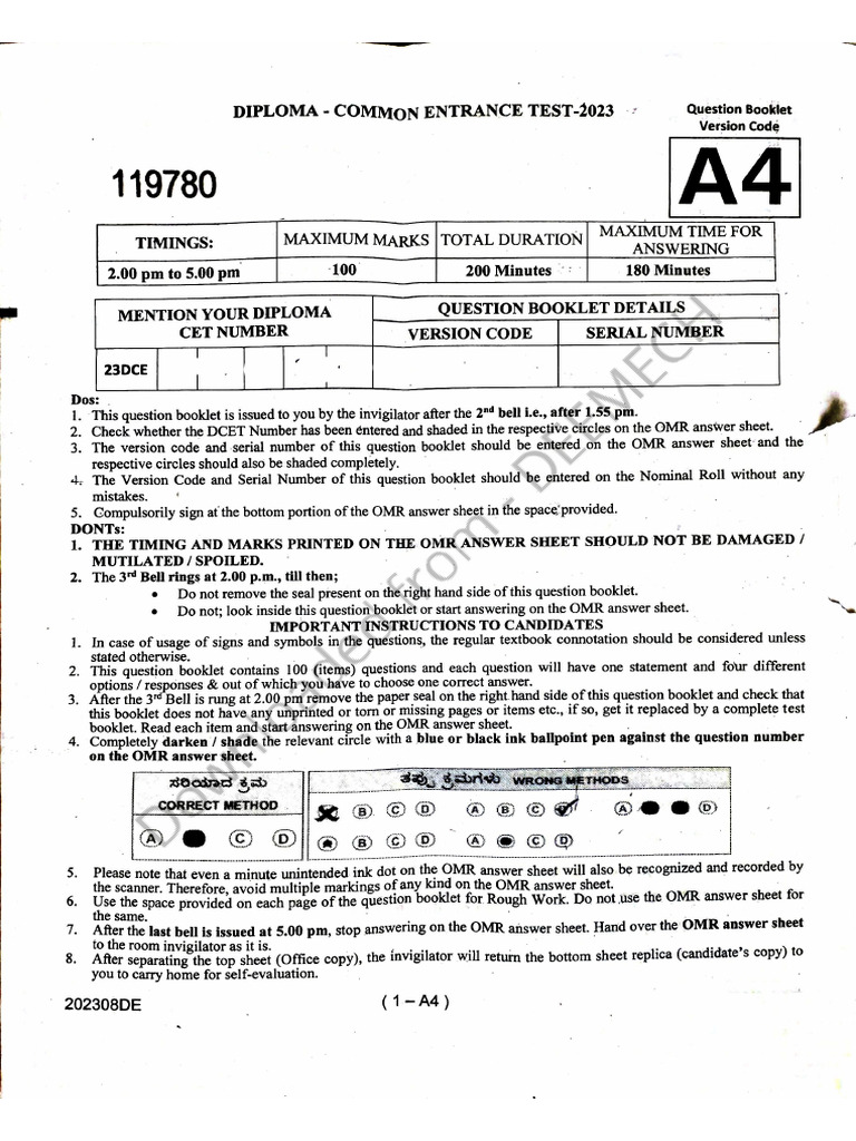 Dcet - 2023 QP & Key - Deemech | PDF
