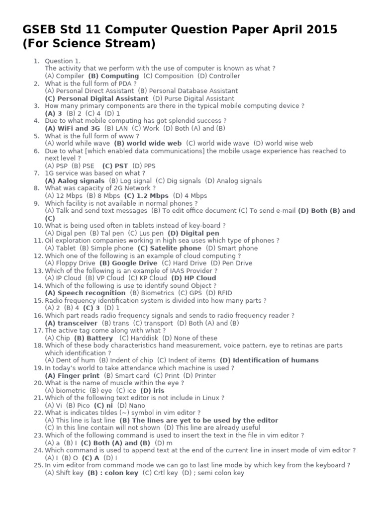 GSEB Std 11 Computer Question Paper April 2015 | PDF | Computing | Computer Programming