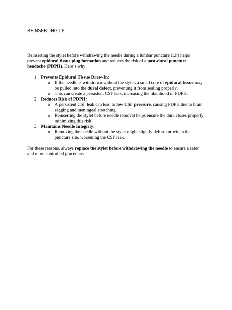 Prevent PDPH: Reinserting Stylet in LP | PDF