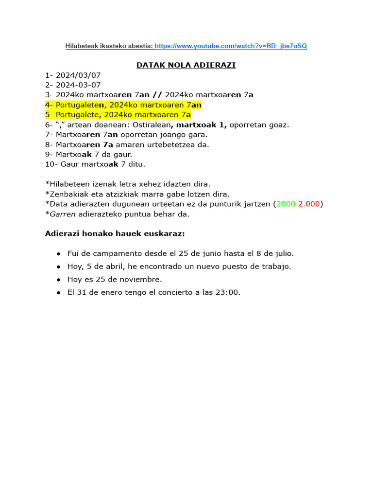 Datak Eta Orduak Nola Adierazi | PDF