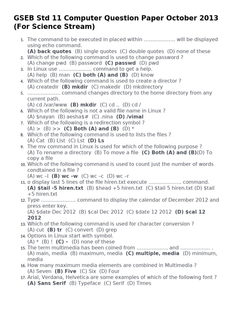 GSEB Std 11 Computer MCQ Paper 2013 | PDF | Typefaces | Graphics