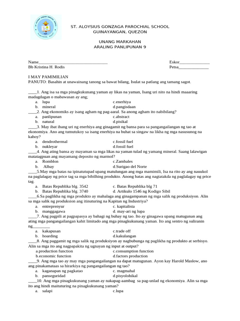 unang markahan grade 9 | PDF