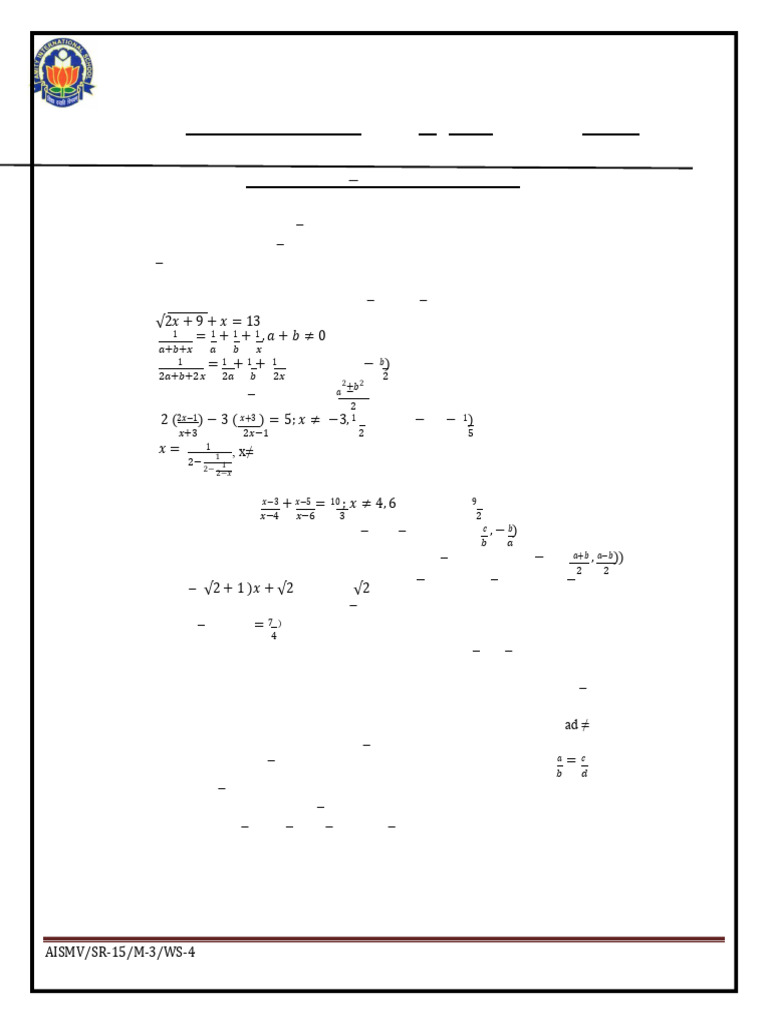 Class X Quadratic Equations Worksheet | PDF | Algebra | Mathematics