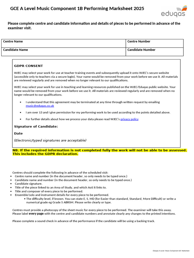 A Level Component 1 B Performing Marksheet | PDF