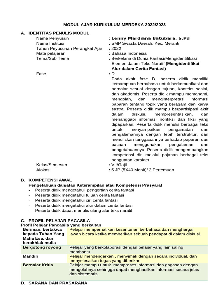 Bab 2 RPP 4 Mengidentifikai Alur Cerita Fantasi Lenny | PDF