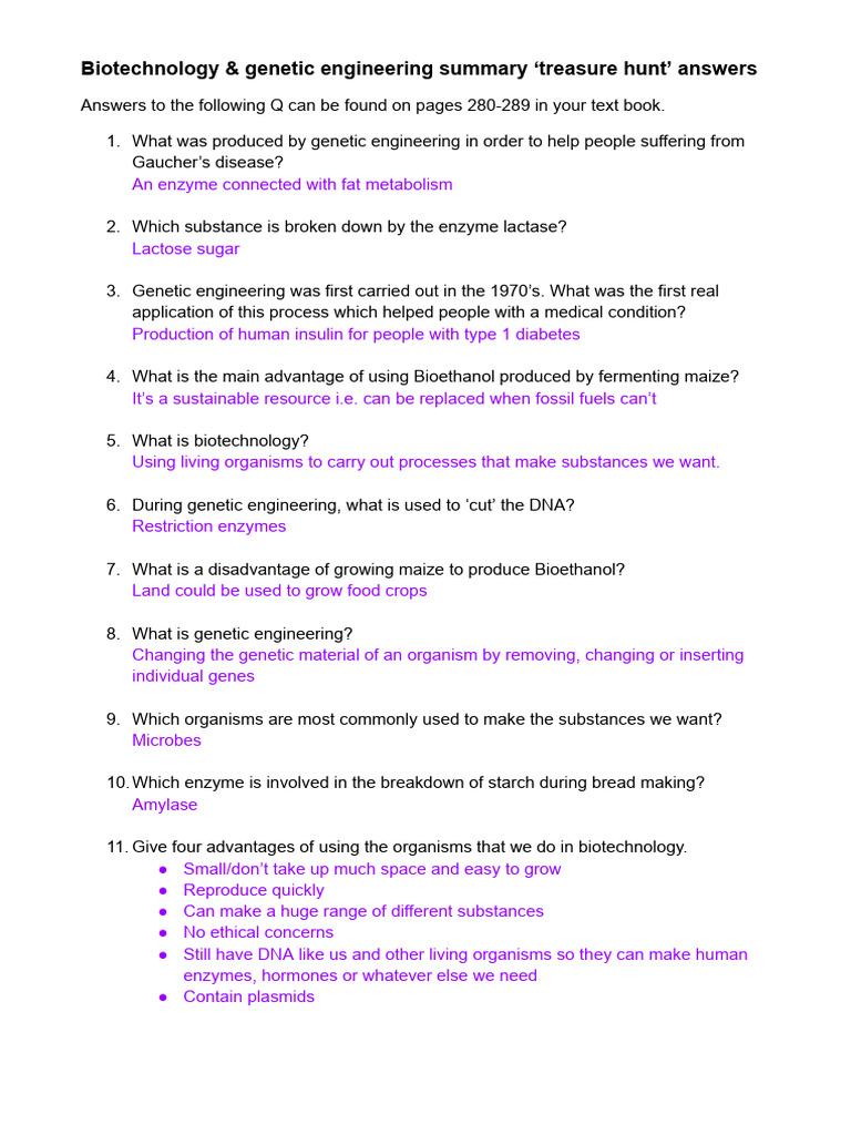 Biotechnology and Genetic Engineering Summary Treasure Hunt' Answers ...
