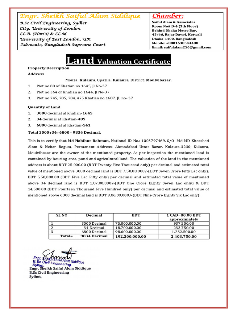 Land Valuation Certificate | PDF | Bengal | Bangladesh