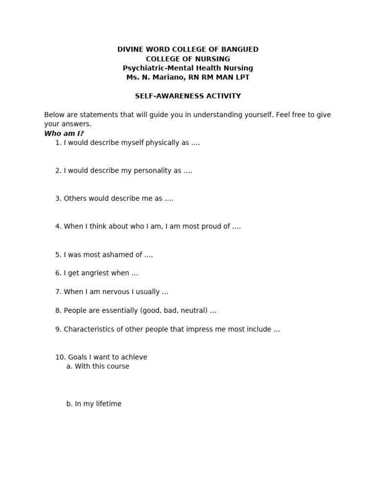 Self Awareness Activity | PDF