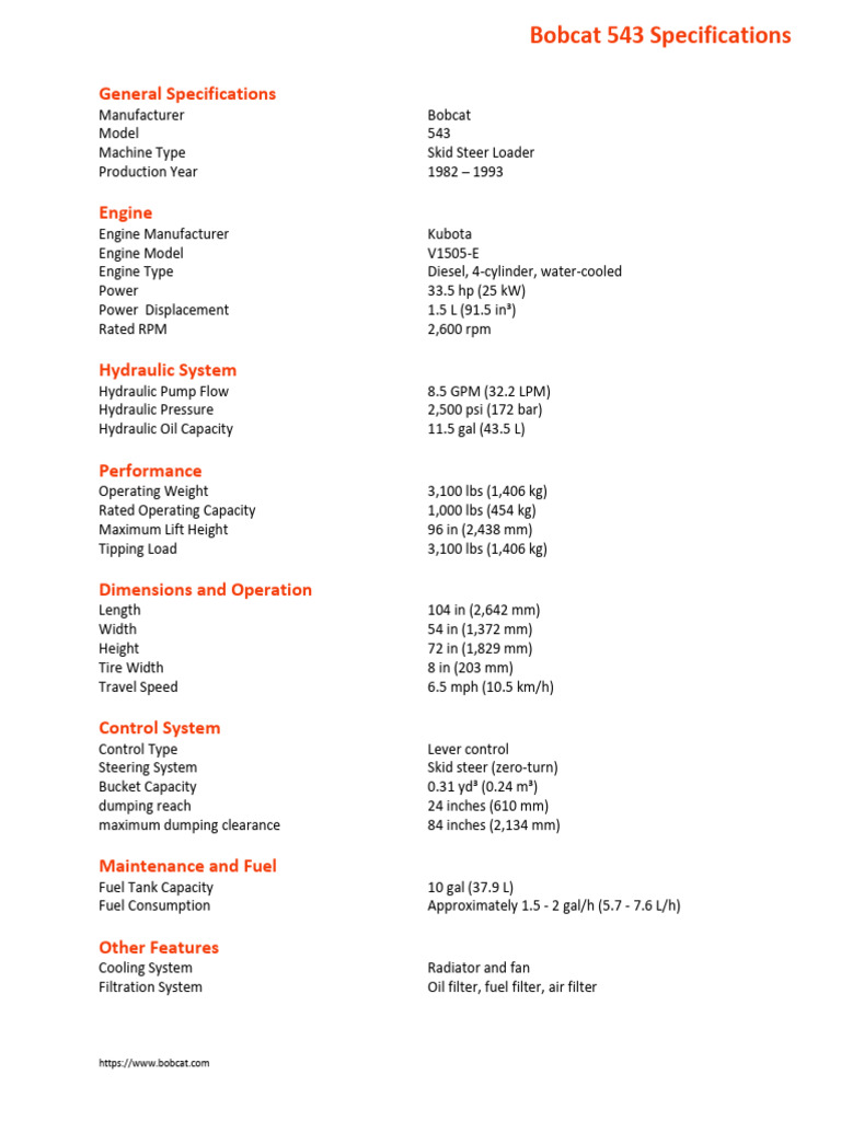 General Specifications Bobcat 543 | PDF