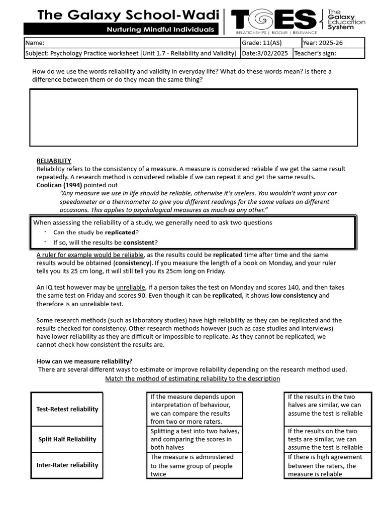 Reliability and Validity Worksheet | PDF | Validity (Statistics ...