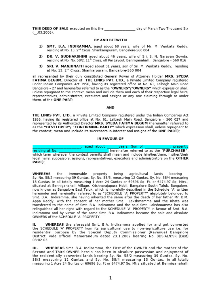 Links Draft Sale Deed 070306 | PDF | Mortgage Law | Covenant (Law)