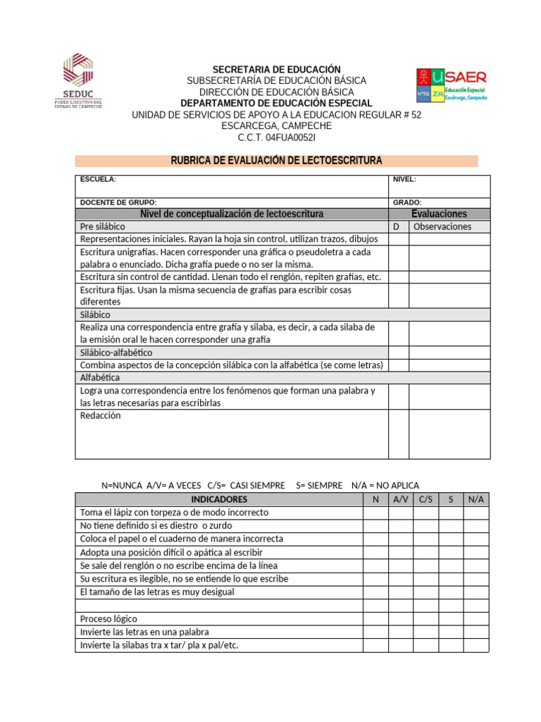 Rubrica Evaluación Lectoescritura Escolar | PDF | Escritura | Sílaba