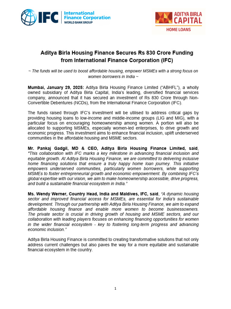 IFC_Aditya_Birla_Housing_Jan20225 | PDF | International Finance Corporation | Mortgages