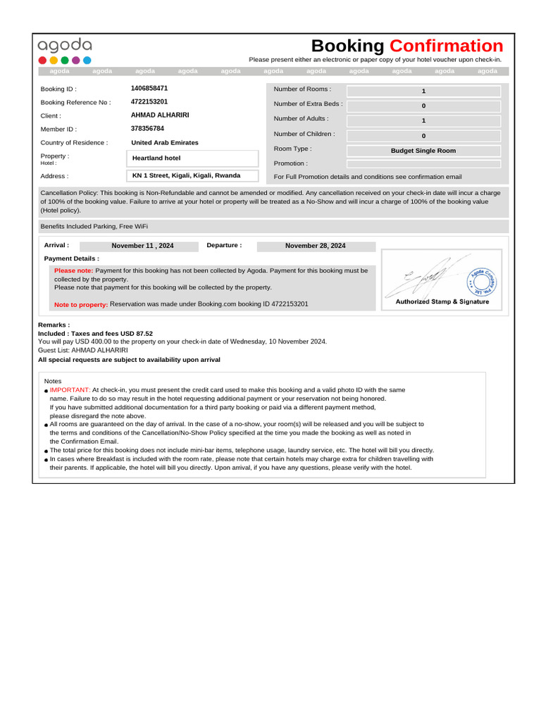Confirmation For Booking ID # 1406851812 | PDF | Payments | Credit Card