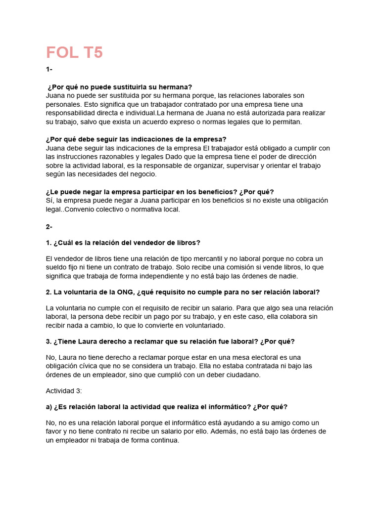 FOL T5 Ejercicios | PDF | Derecho laboral | Economias