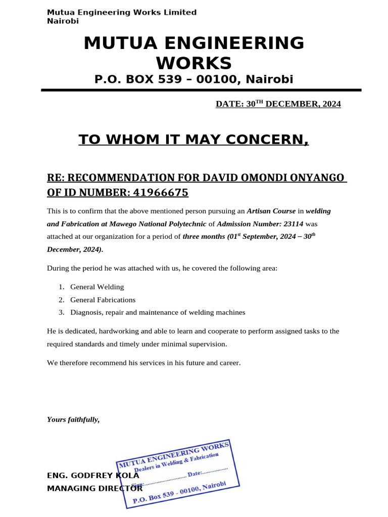 ZIMLAN ELECTRICAL WORKSHOP LIMITED Recommendation | PDF