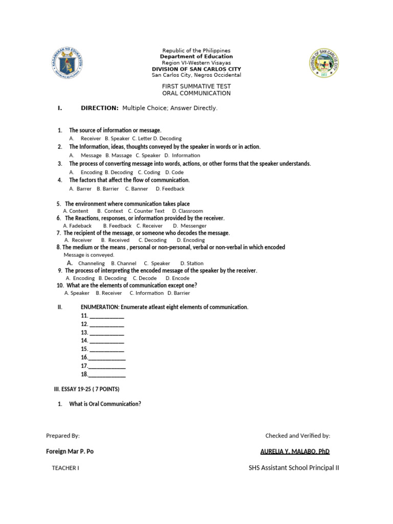 First Summative Test, Oral Communication | PDF | Communication ...