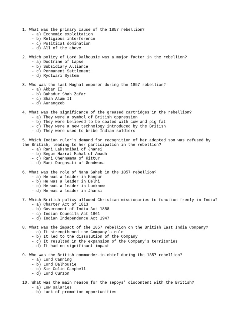 History Chapter 4 Mcqs Class 8 | PDF | Indian Rebellion Of 1857 | British Raj
