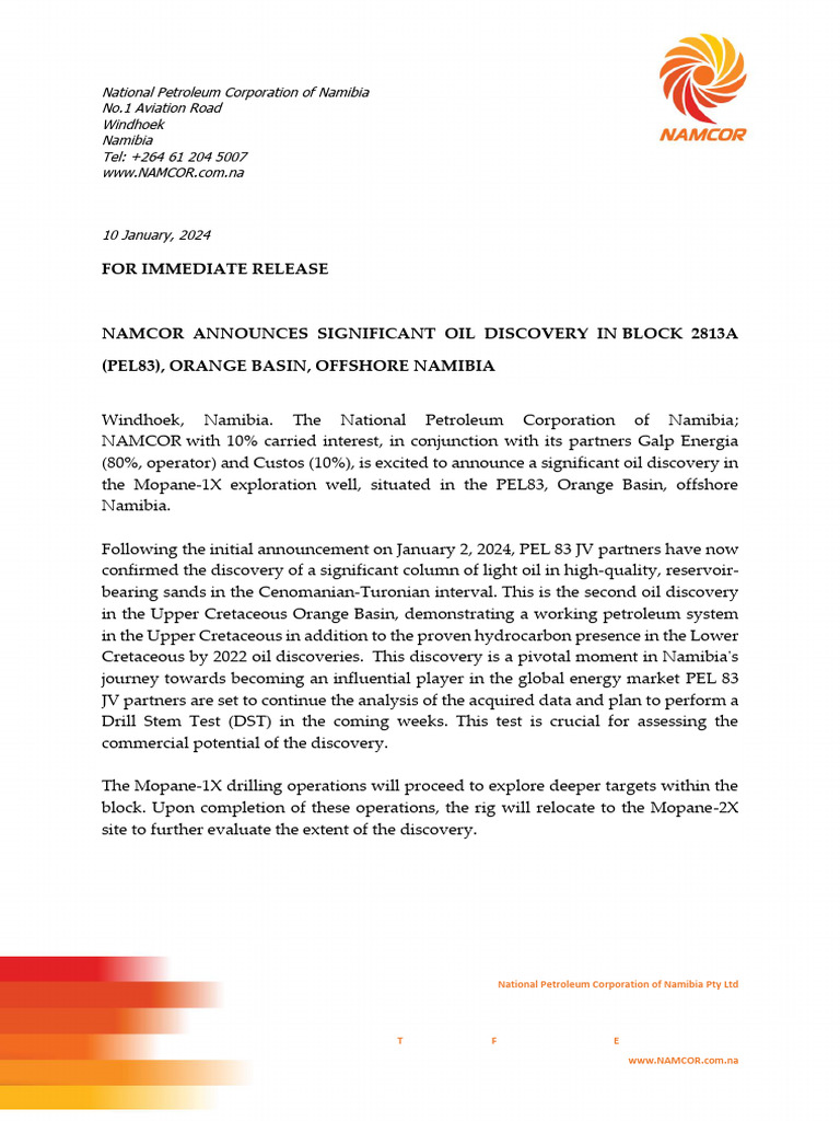 NAMCOR-PEL-83-Update-Press-release-Jan-24 | PDF | Petroleum Reservoir ...