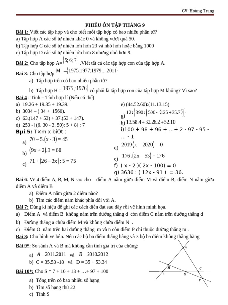 PHIẾU ÔN TẬP KSCL THÁNG 9 | PDF