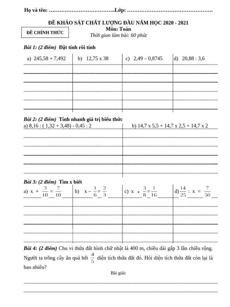 TOÁN-6-KSCL-ĐẦU-NĂM 6A4 | PDF