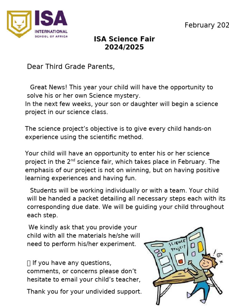 Science Fair Letter To Parents | PDF