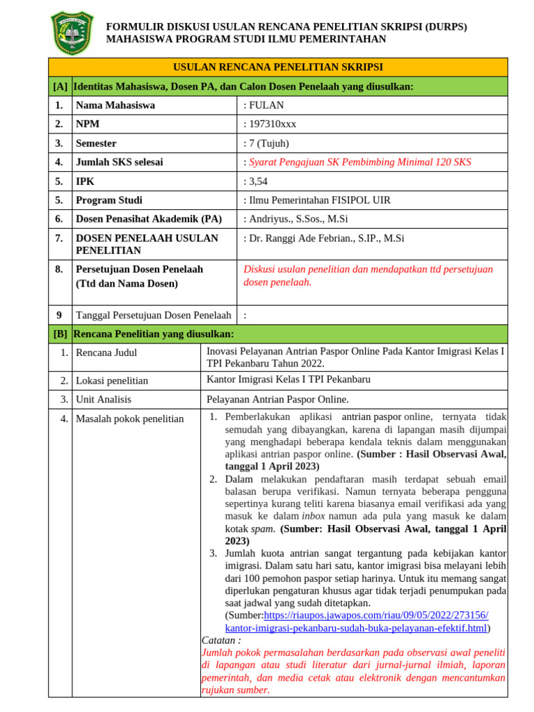 Formulir Diskusi Usulan Rencana Penelitian Skripsi Prodi Ip 2023 | PDF