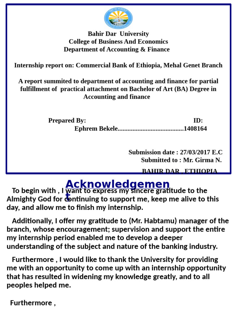 Internship Reporte by Ephrem B. | PDF | Innovation | Banks
