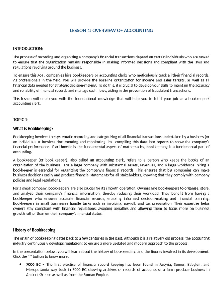 LESSON 1. OVERVIEW OF BOOKKEEPING | PDF | Bookkeeping | Accounting