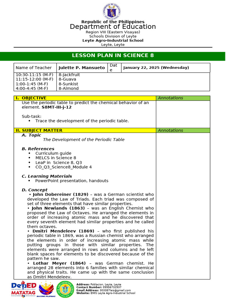 THE DEVELOPMENT OF THE PERIODIC TABLE-LP-Q3 | PDF | Periodic Table ...