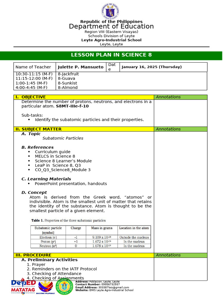 Science 8 Lesson Plan: Subatomic Particles | PDF | Atoms | Proton