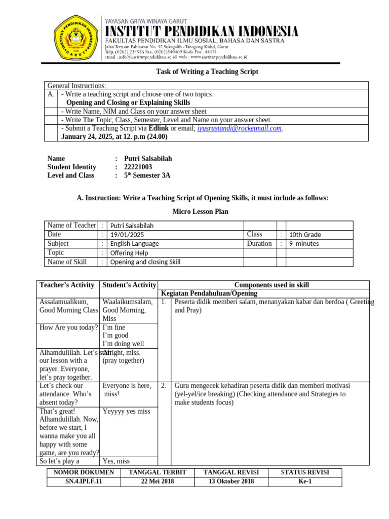 Tugas Teaching Script Putri Salsabilah 3a | PDF | Behavior Modification | Communication