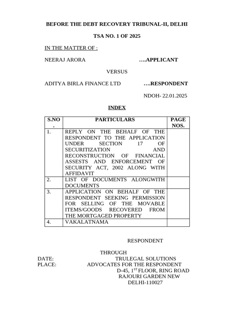 Rely To SA-Neeraj arora Vs ABFL | PDF | Loans | Security Interest